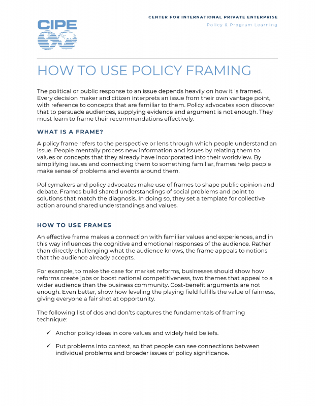 How to Use Policy Framing - Center for International Private Enterprise